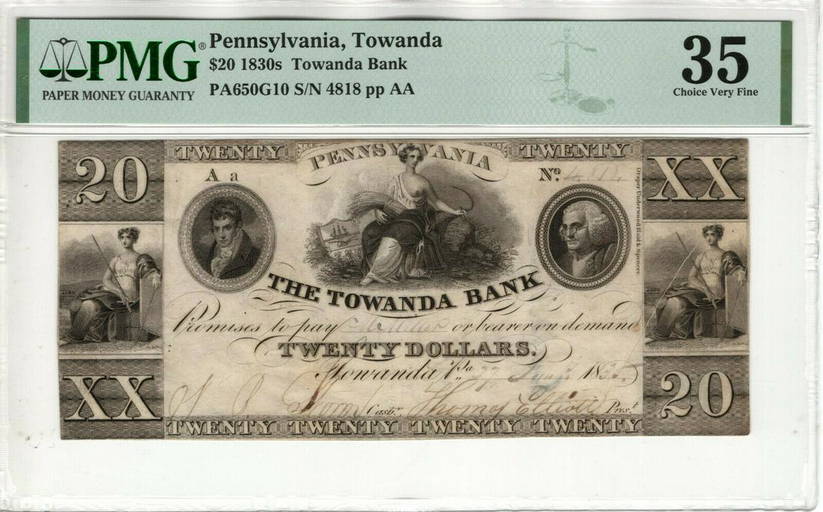 1830 $20 TOWANDA BANK PENNSYLVANIA OBSOLETE NOTE CURRENCY PMG CHOICE VF ...