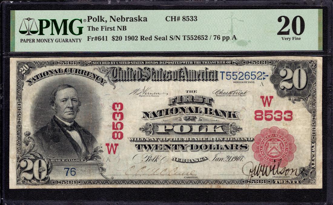 1902 $20 FIRST NATIONAL BANKNOTE POLK NEBRASKA ONLY RED SEAL KNOWN PMG ...