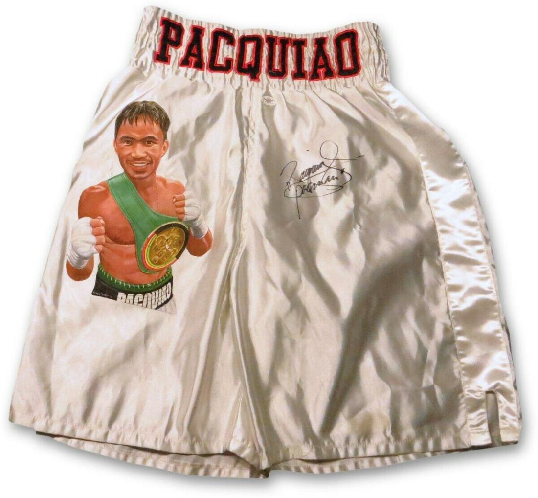 Manny Pacquiao Signed Autographed Custom Painted Boxing Trunks Silver Jsa