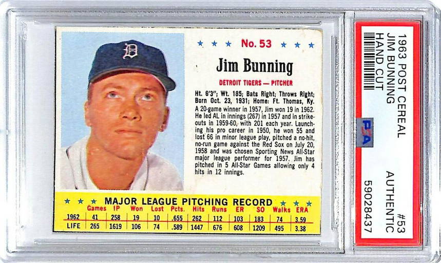 1963 Post Cereal Jim Bunning Hand Cut Short Print Detroit Tigers Psa