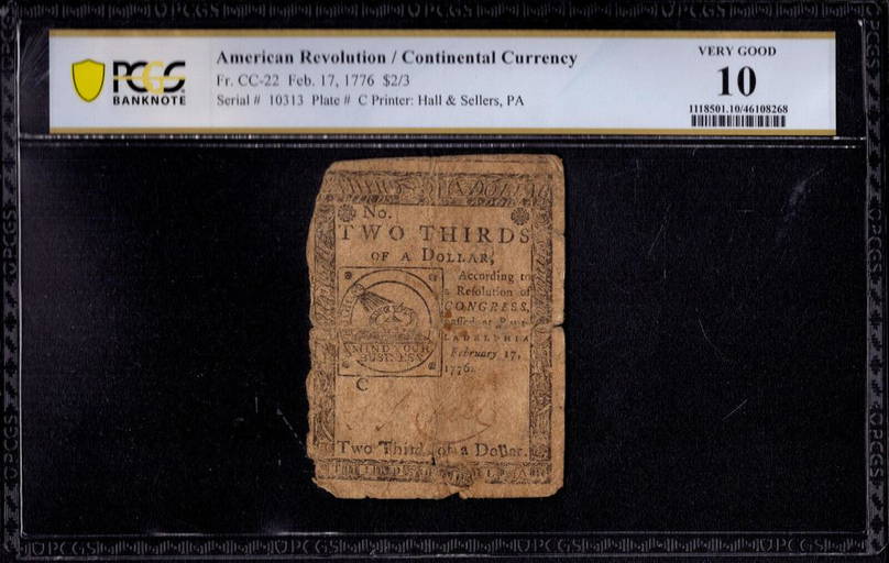 February 17 1776 $2/3 Continental Currency "fugio Note" Cc 22 Pcgs B Vg 10
