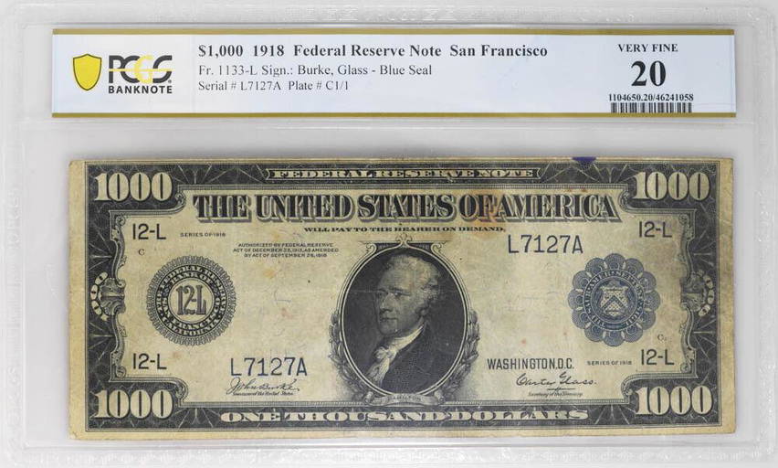 1918 $1000 Federal Reserve Note San Francisco Blue Seal Pcgs Banknote ...