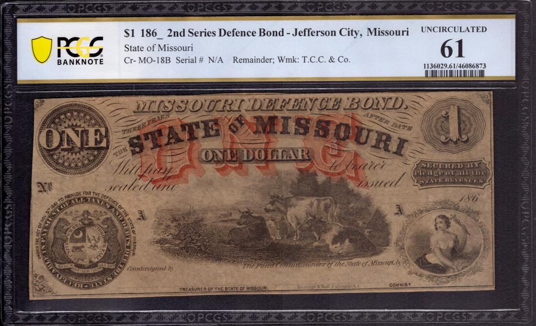1860 $1 State Of Missouri Defence Bond Jefferson City Obsolete Note ...