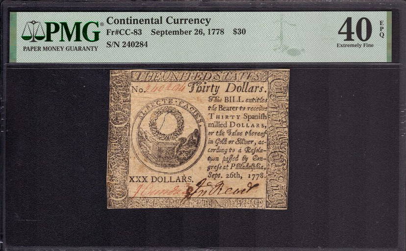 September 26 1778 $30 Continental Currency Note Cc 83 Pmg Xf Ef 40 Epq