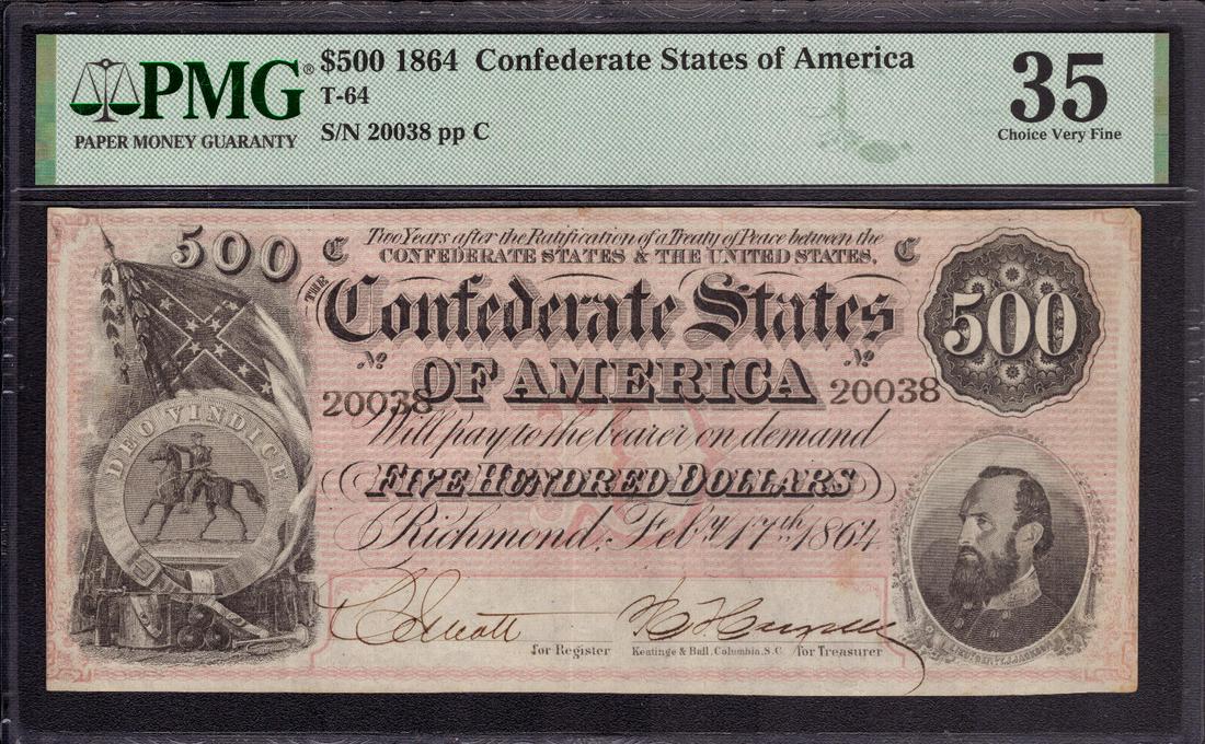 1864 $500 Confederate States Of America Note T 64 Pmg Choice Vf 35
