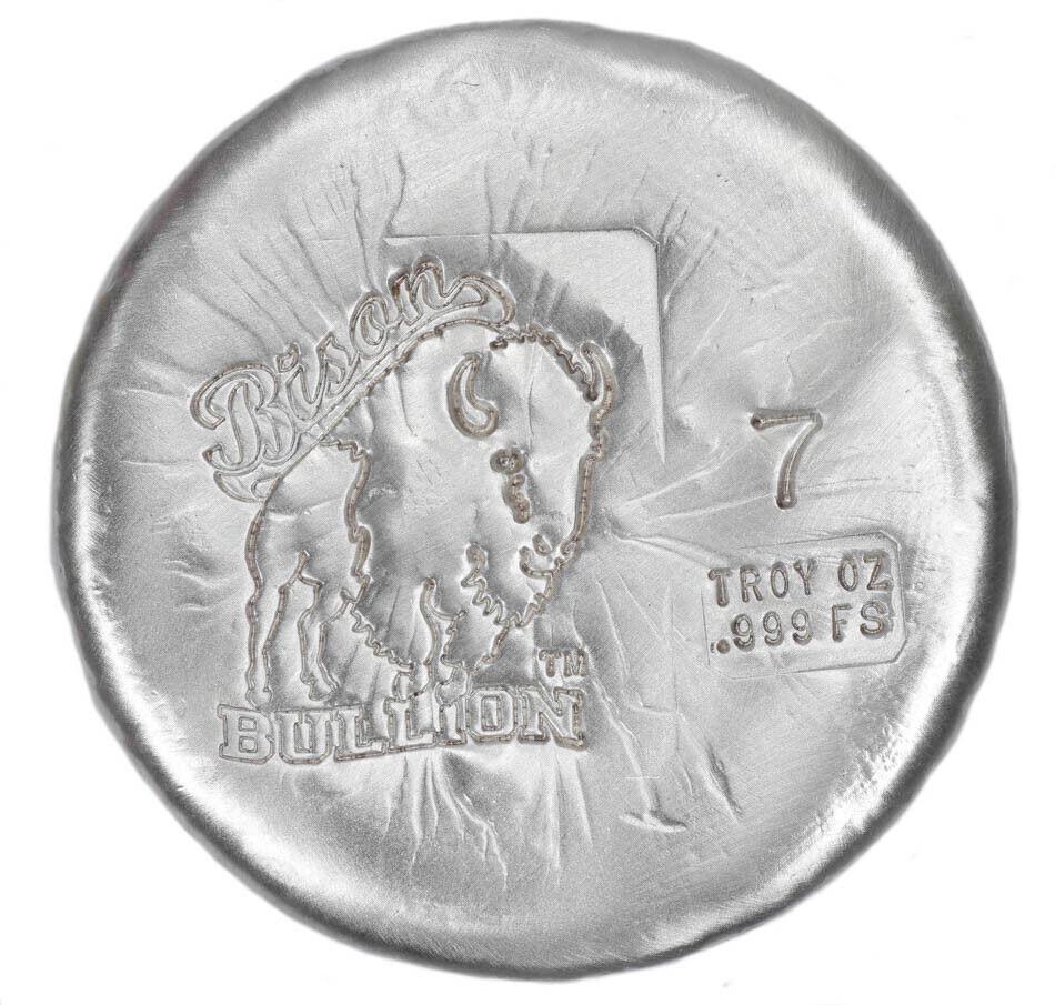 7 Troy Ounce .999 Fine Silver Hand Poured Bison Bullion Standard Round ...