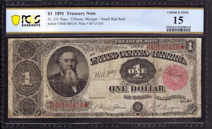 1891 $1 Treasury Note Currency Fr.351 Tillman / Morgan Pcgs B Choice ...