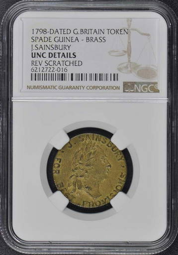 1798 Dated Great Britain Token Spade Guinea Brass Ngc Unc Details Sainsbury