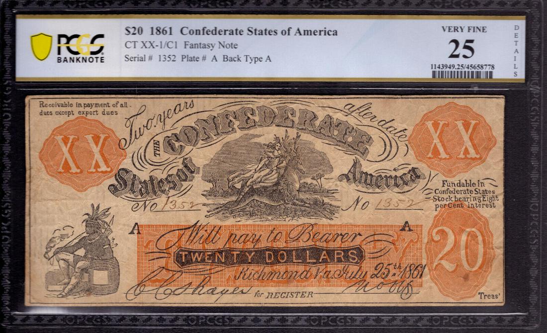 1861 $20 Confederate Fantasy Note Female Riding Deer Ct Xx-1/c1 Pcgs Vf ...