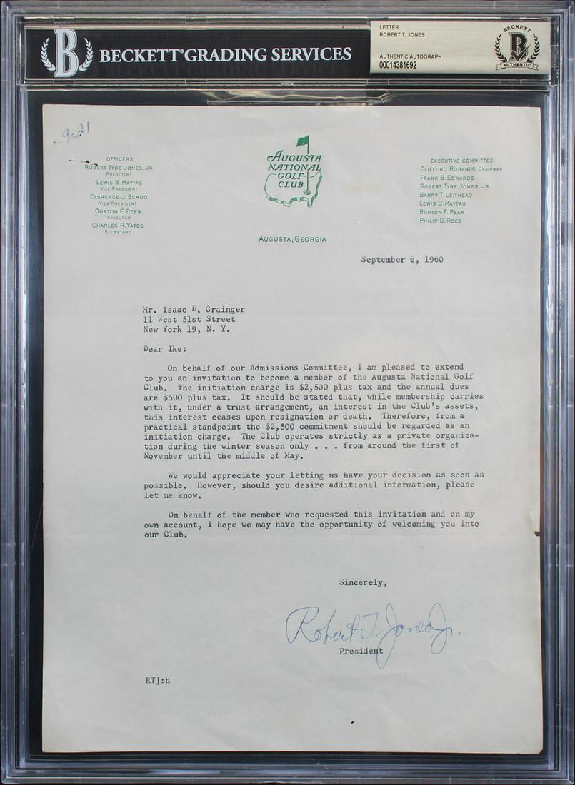 Robert T Jones Signed 8.5x11 1960 Letter On Augusta National Letterhead ...