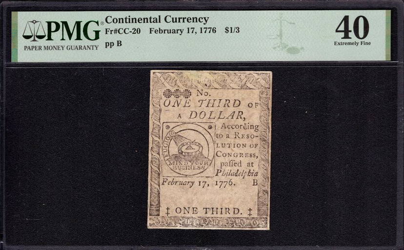 February 17 1776 $1/3 Continental Currency "fugio Note" Cc 20 Pmg Xf Ef 40