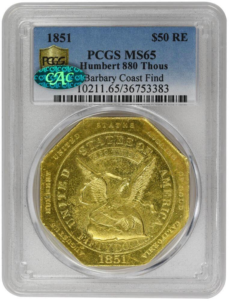 1851 $50 Re Humbert 880 Thous California Gold Pcgs Ms65 Auction