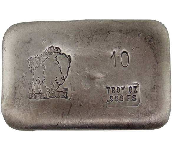 10 Troy Ounce .999 Fine Silver Hand Poured Bison Bullion Standard Bar ...
