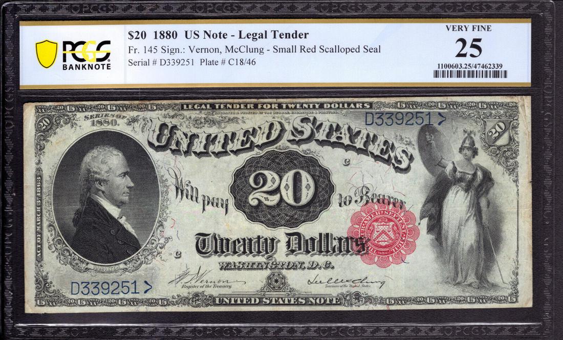 1880 $20 Legal Tender Note Fr.145 Vernon Mcclung Pcgs B Very Fine Vf 25 ...
