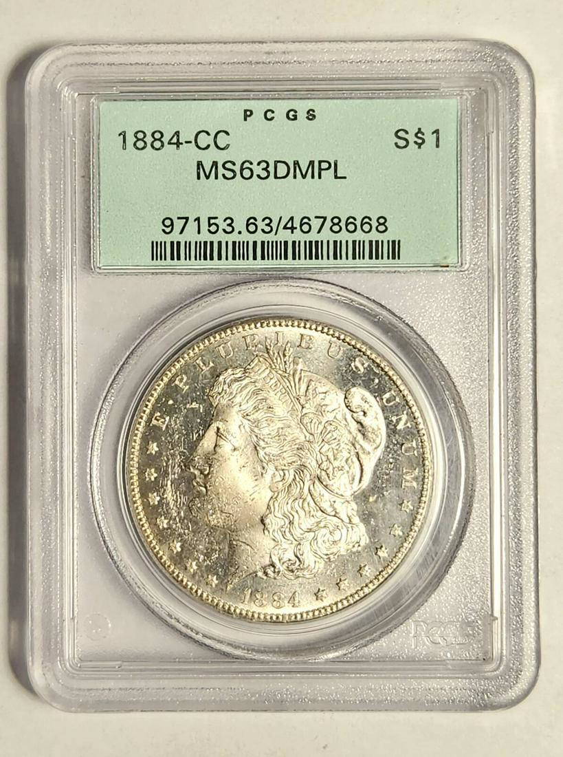 1884 Cc Morgan Silver Dollar Pcgs Ms-63 Dmpl - Old Green Holder - Ogh Auction