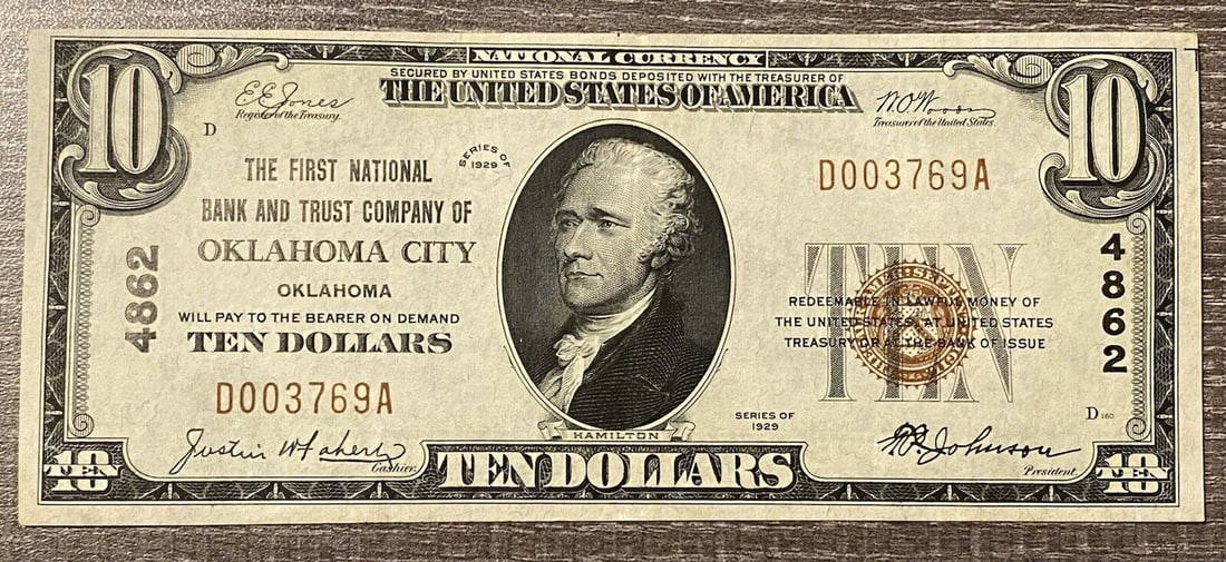 Avc- 1929 $10 National Banknote "oklahoma City Oklahoma" Ch#4862 Raw Au ...
