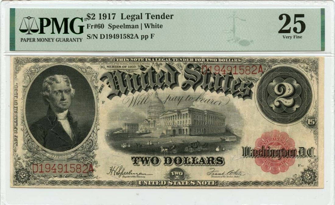 1917 $2 Legal Tender Small Red Scalloped Fr# 60 Pmg Vf25 Auction