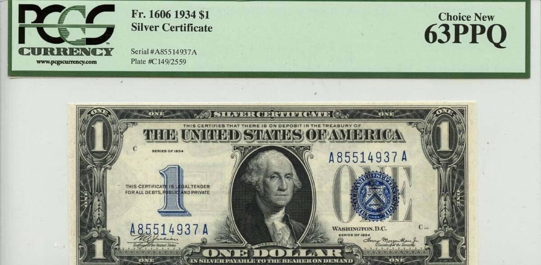 1934 $1 Silver Certificate Blue Fr# 1606 Pcgs Ch63 Ppq Auction