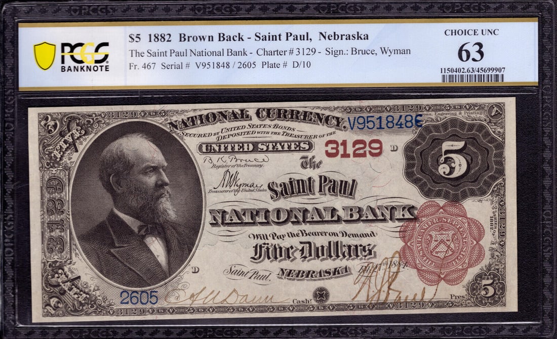 1882 Bb $5 Saint Paul Nebraska National Banknote Currency Pcgs B Choice ...