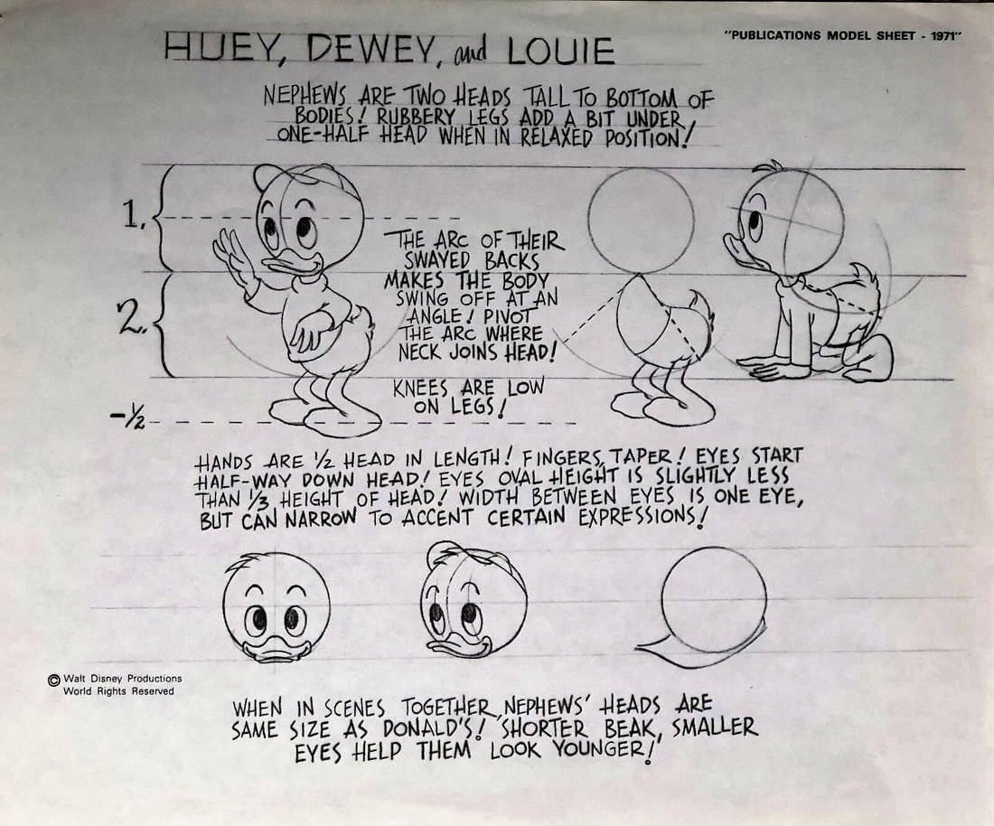 Walt Disney Hewey Dewey & Louie Model Sheet Drawing 1971 Framed Auction