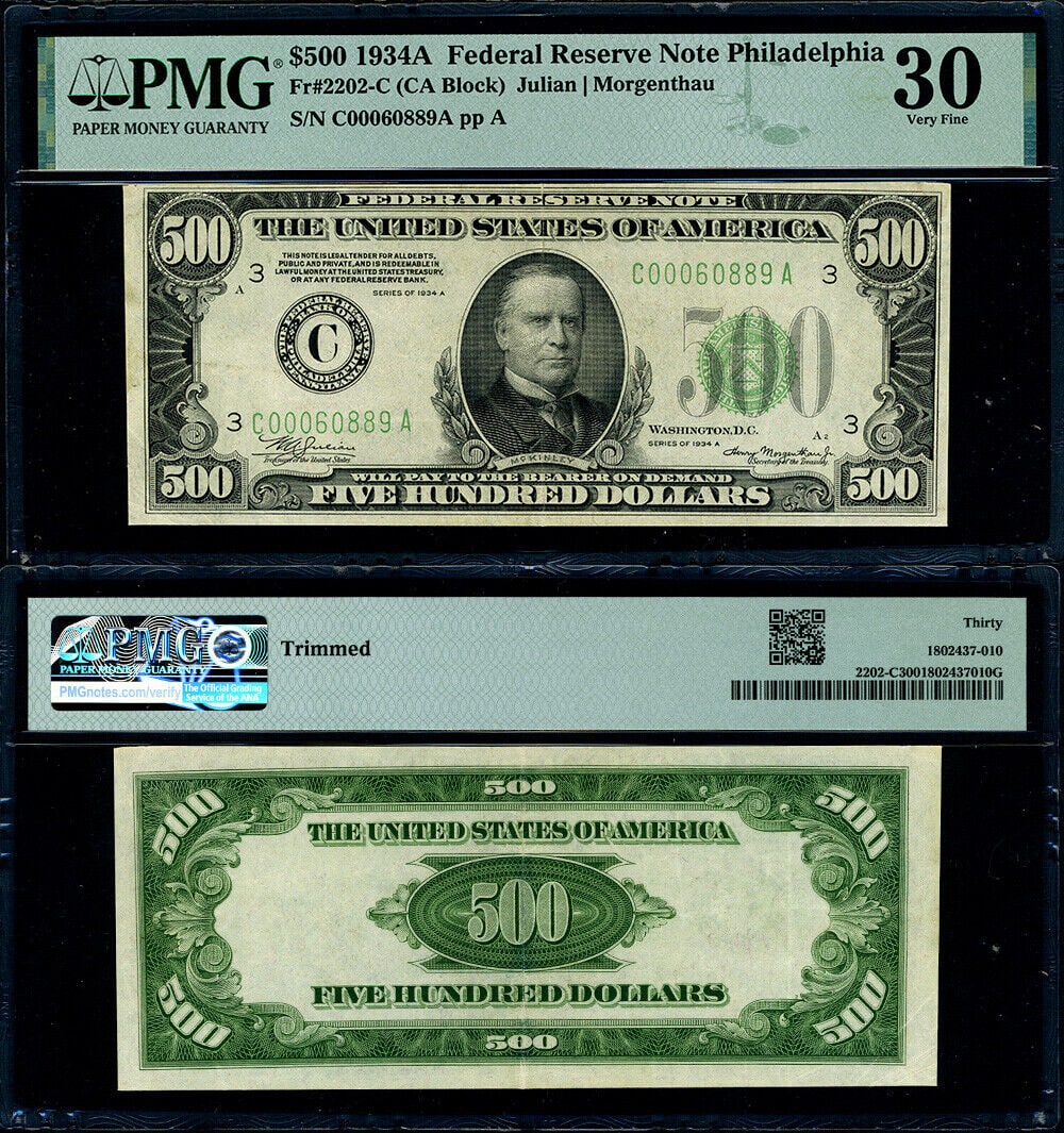 Fr. 2202 C $500 1934-a Federal Reserve Note Philadelphia C-a Block Pmg Vf30 Trim Auction