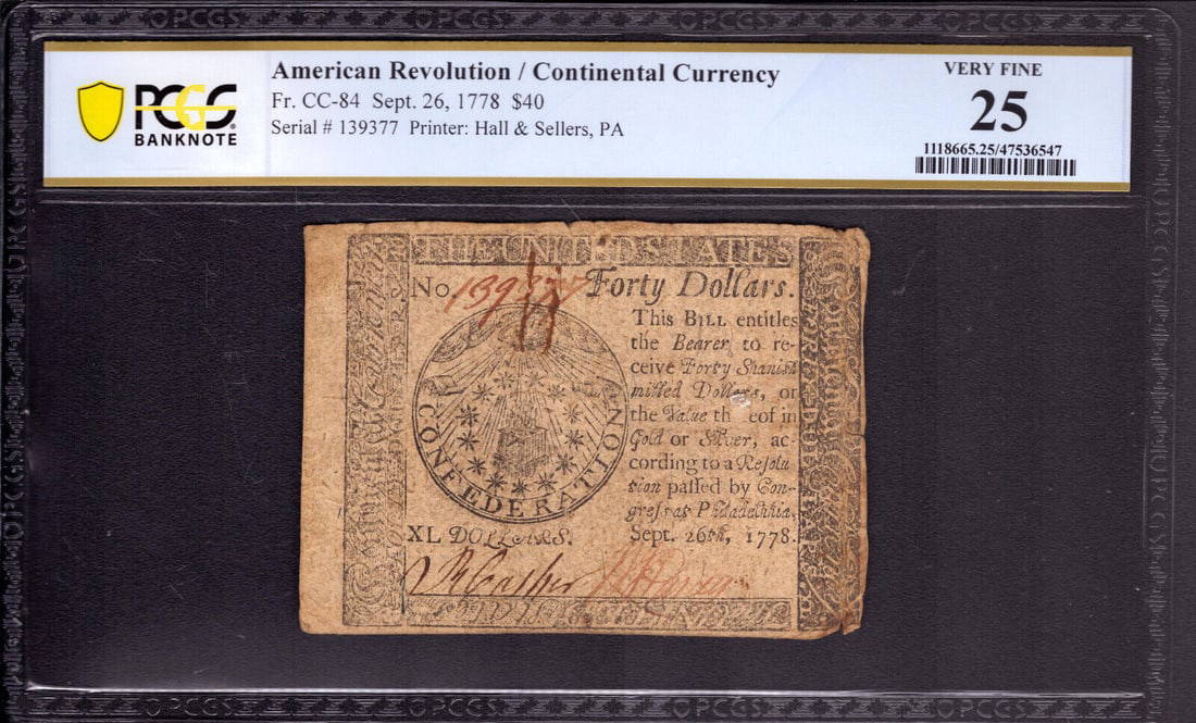 September 26 1778 $40 Continental Currency Colonial Note Cc-84 Pcgs ...