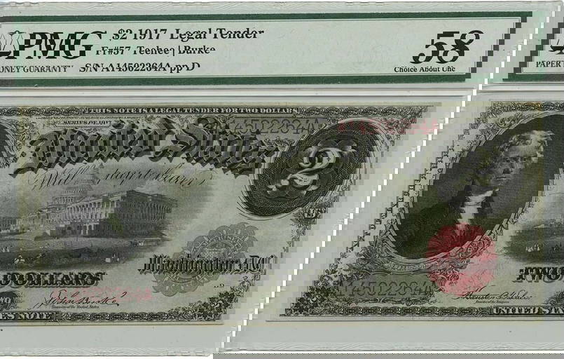 1917 $2 Legal Tender Small Red Scalloped Teehee Burke Fr# 57 Pmg Chau 58