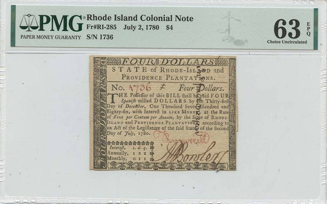 1780 July 2 $4 Rhode Island Colonial Note Ri-285 Pmg Zcu63 Epq Issued Auction