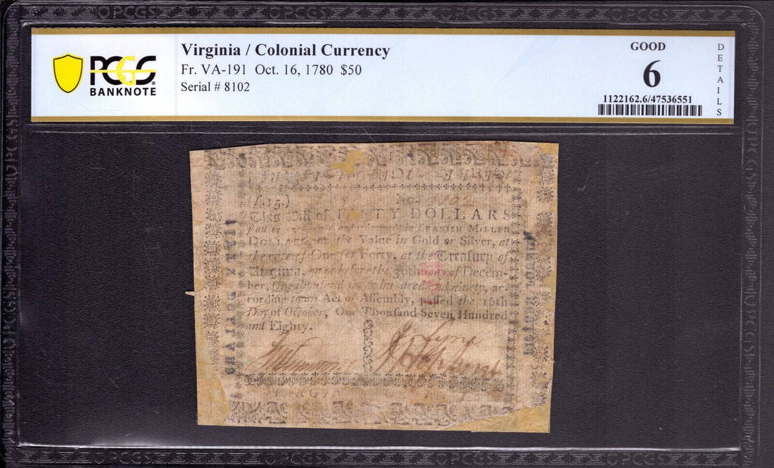 October 16th 1780 $50 Virginia Colonial Currency Va-191 Pcgs B Good 6 ...