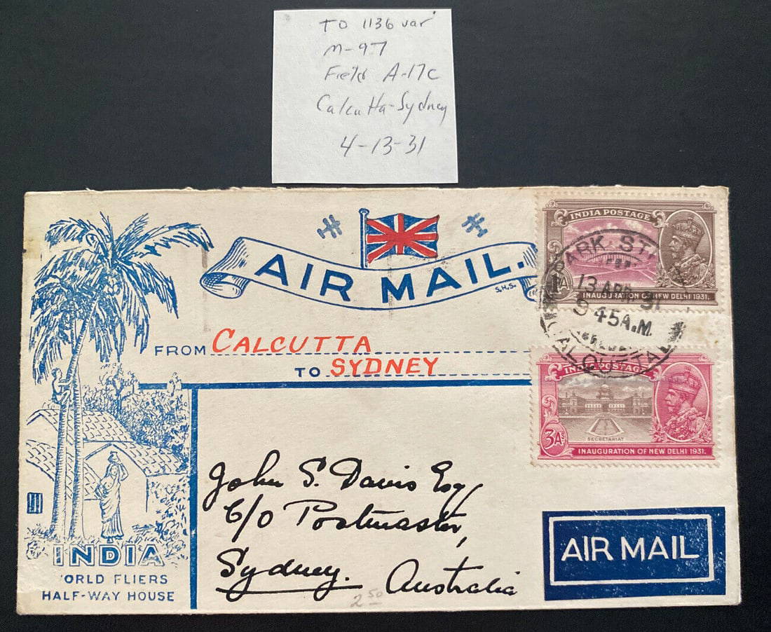 1931 Calcutta India First Flight Airmail Cover Ffc To Sydney Australia Auction