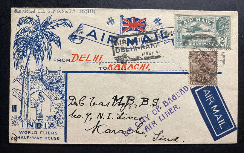 1929 Delhi India Early Airmail First Flight Cover Ffc To Karachi Signed ...