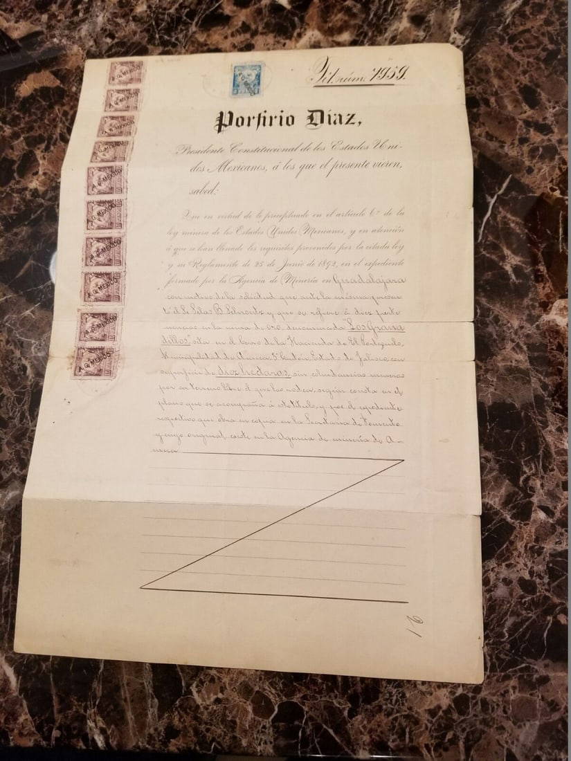 1898 Mexico Gold Mine Deed Signed By President Porfirio Diaz Revenue ...