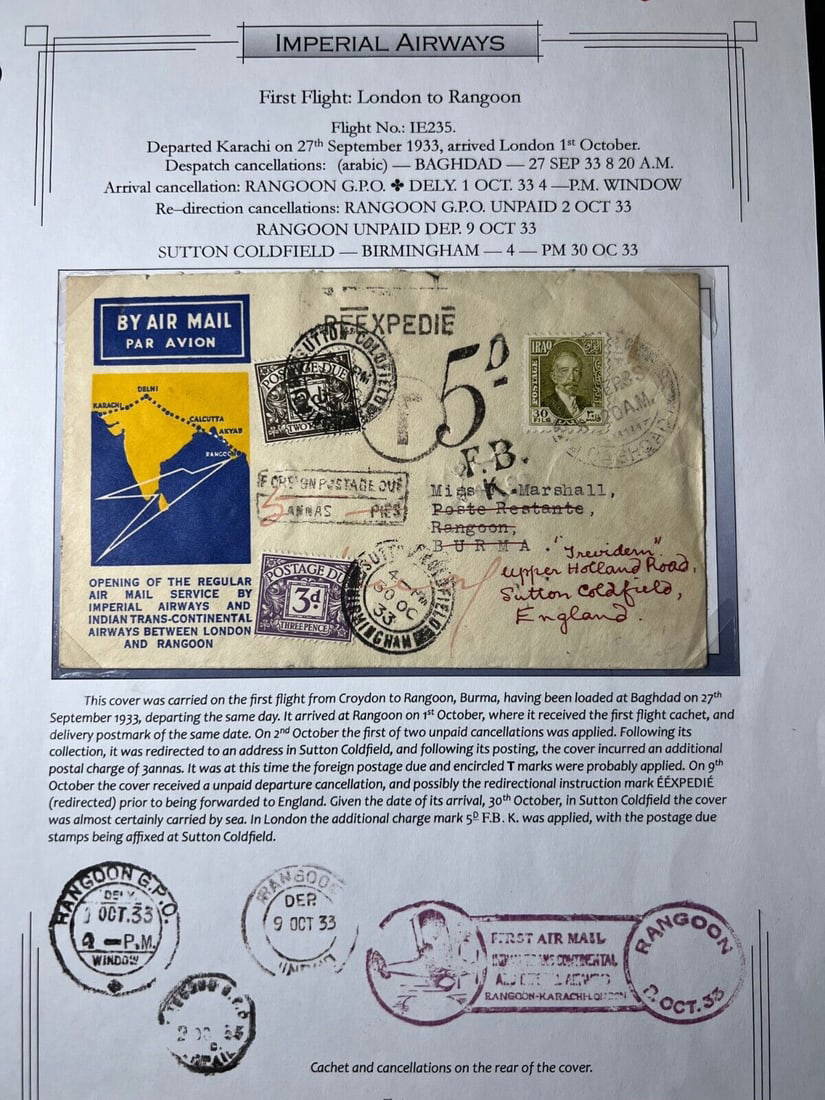 1933 Iraq Airmail Ffc Cover Baghdad To Sutton Coldfield England Imperial Auction