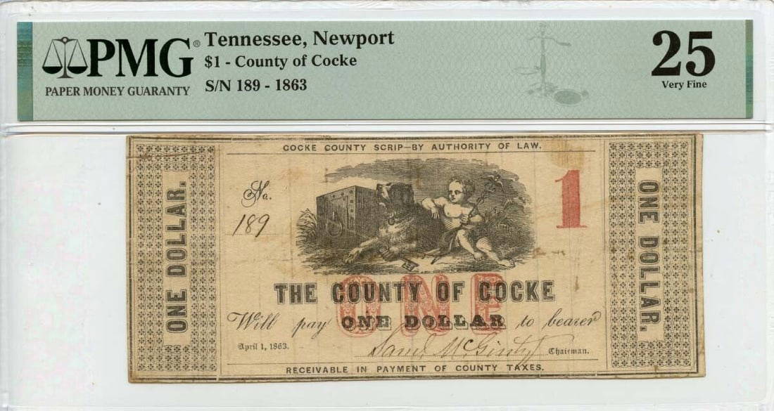 1863 $1 Newport Tn County Of Cocke Scrip Ngc Vf25 Auction