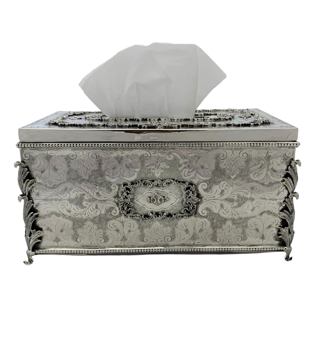 Fine Large 925 Sterling Silver Handmade Chased Floral Ornate Tissue Box ...