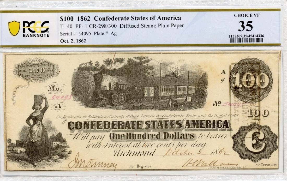 1862 $100 Confederate Note T-40 Pcgs Banknote Ch Vf35 Auction
