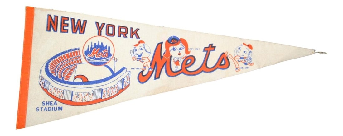 Vintage 1960's New York Mets Mr. Met Lady Met 29" Pennant Auction