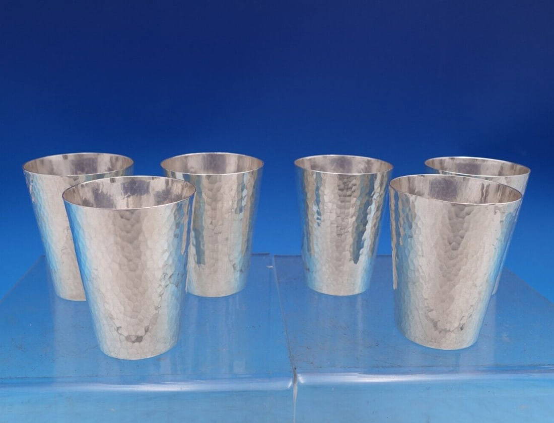 Toyokoki Japanese .99 Silver Saki Cup Set 6pc Hand Hammered 2 3/8" Tall ...