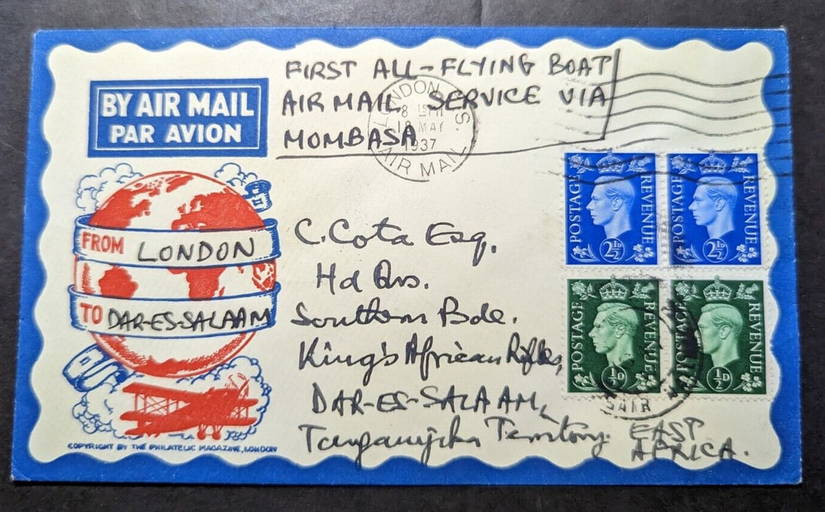 1937 England Airmail First Flight Cover Ffc London To Dar Es Salaam British Kut
