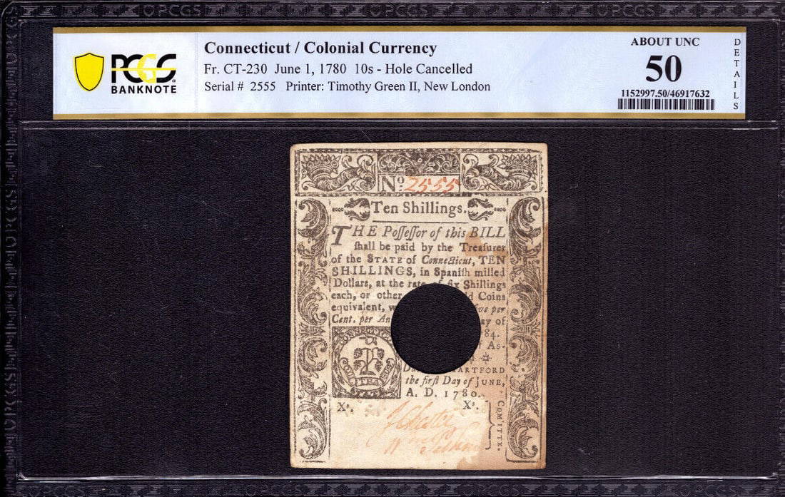June 1 1780 10 Shillings Connecticut Colonial Currency Ct-230 Pcgs B Au ...