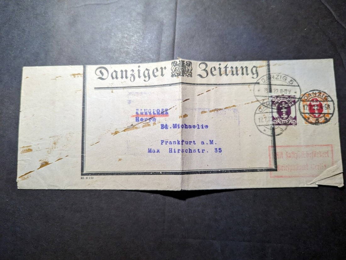 1922 Germany Free State Of Danzig Airmail Cover Danzig To Frankfurt Am ...