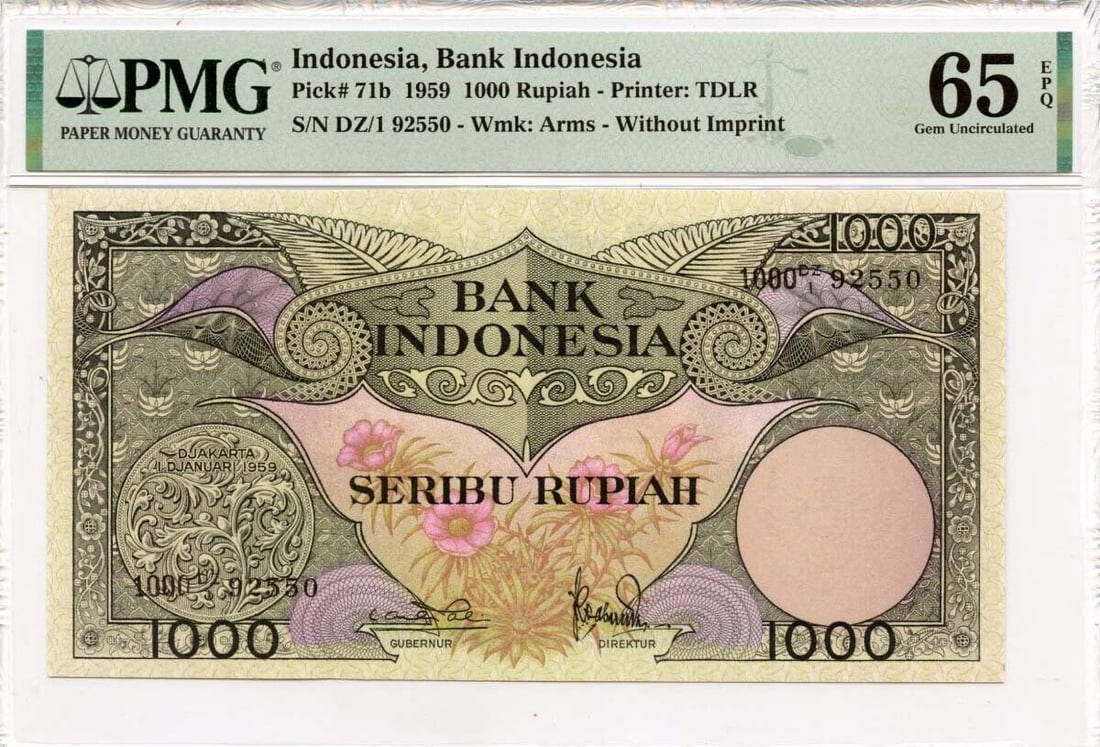 1959 1000 Rupiah Indonesia Bank Indonesian Pick# Ino71b Pmg Gem65 Epq ...