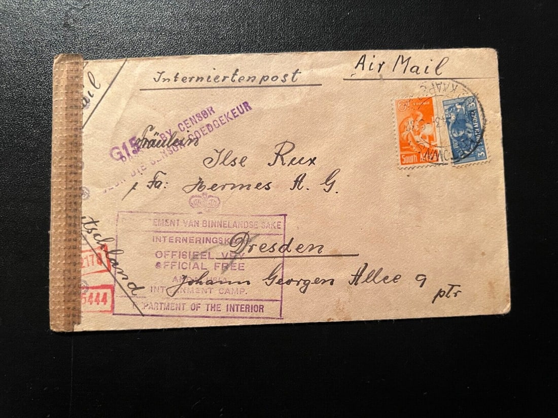 1943 South Africa Interment Camp Airmail Cover Cape Town To Dresden ...