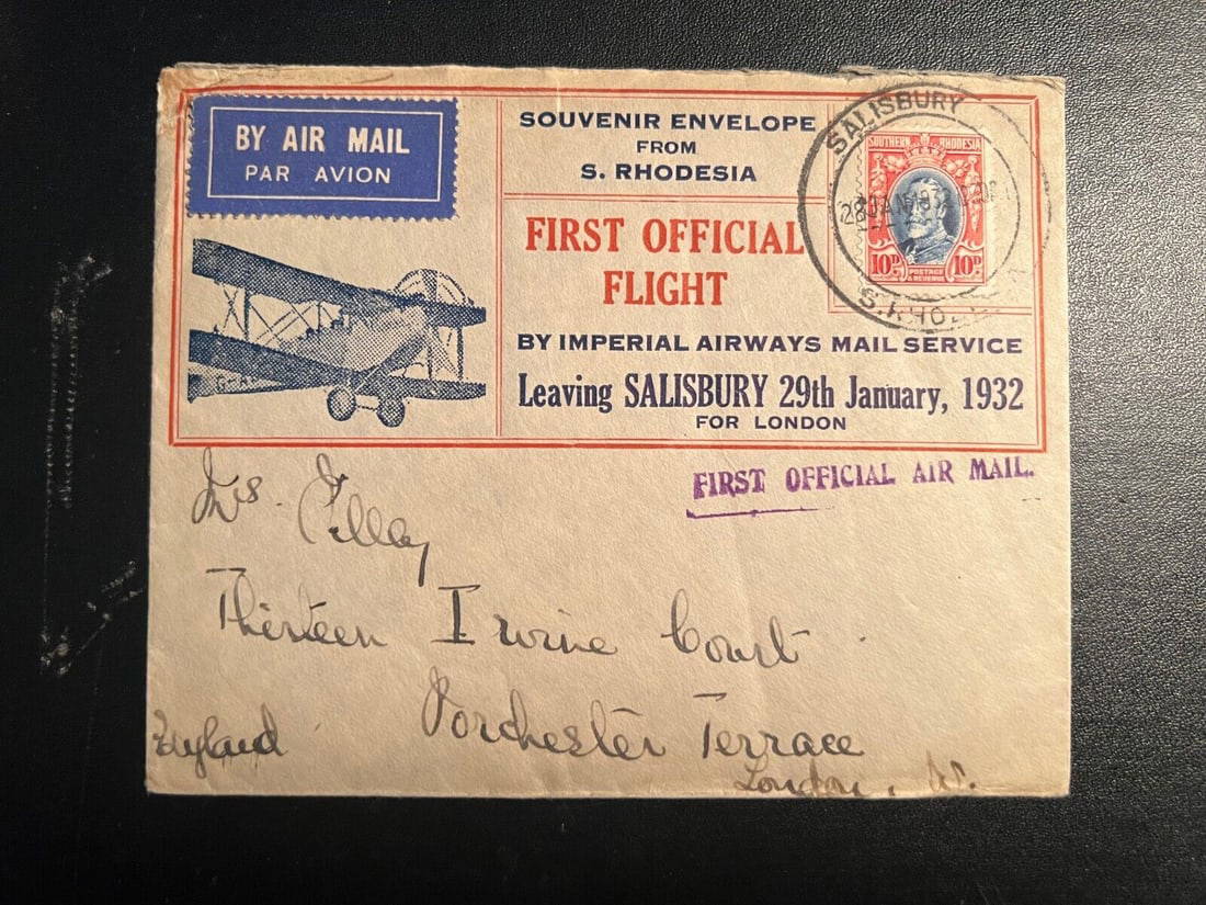 1932 Rhodesia Airmail Souvenir First Flight Cover Ffc Salisbury London ...
