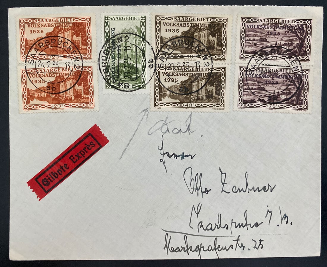 1935 Saarbrucken Germany Cover Plebiscite Issue First Year Label Auction