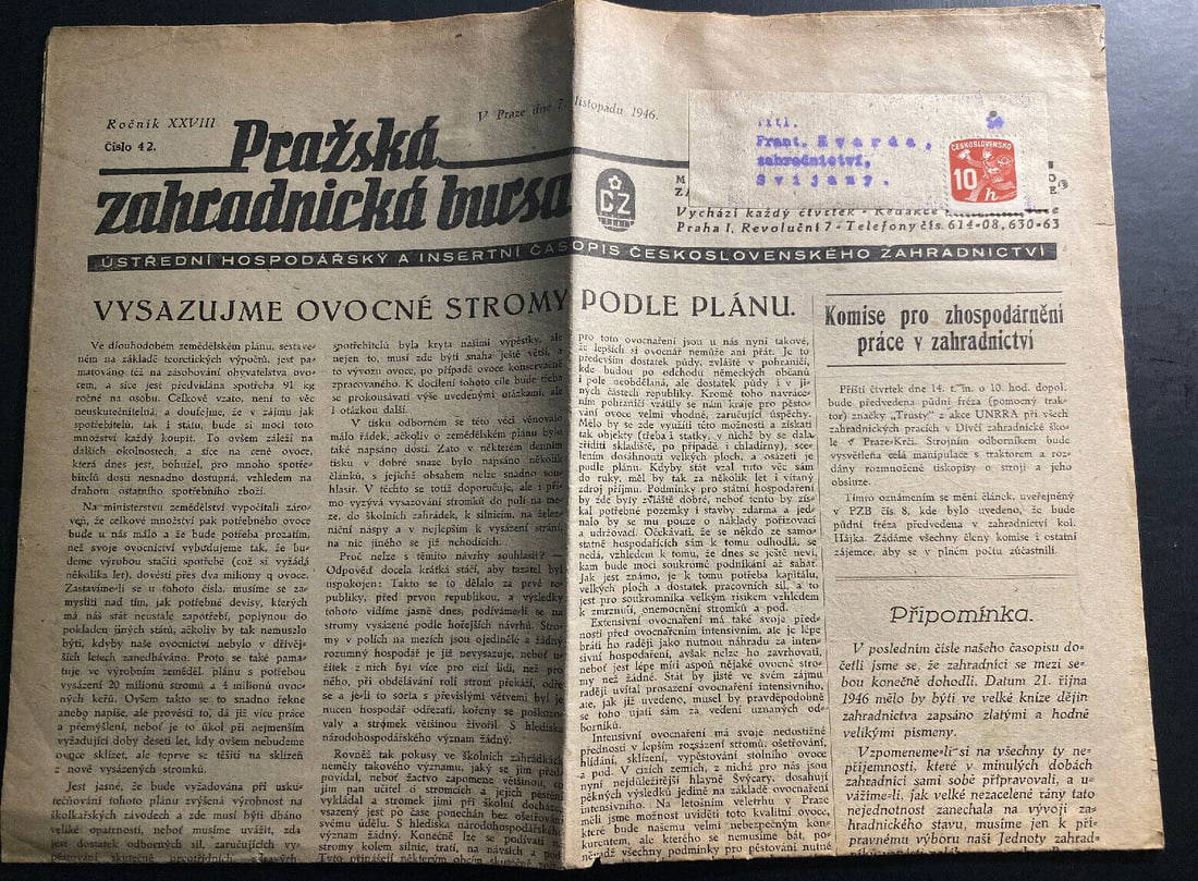 1946 Svijany Czechoslovakia Newspaper Cover Prazska Zahradnicka Auction