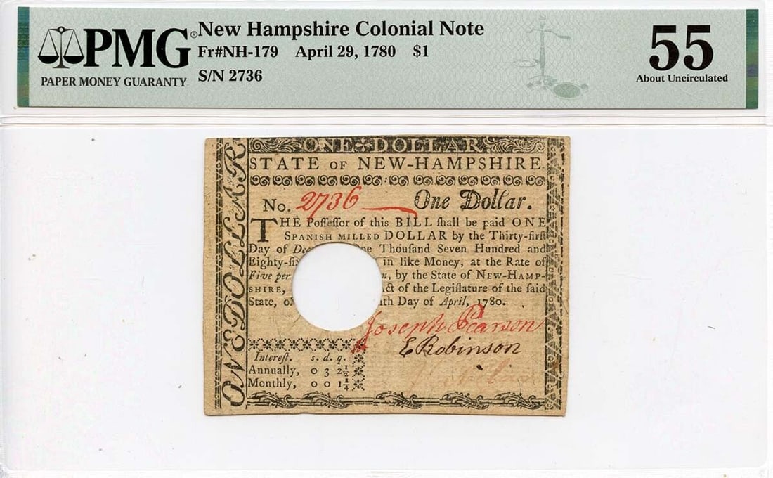 April 29 $1 New Hampshire Colonial Note 1780 Nh-179 Pmg Au55 Hole ...