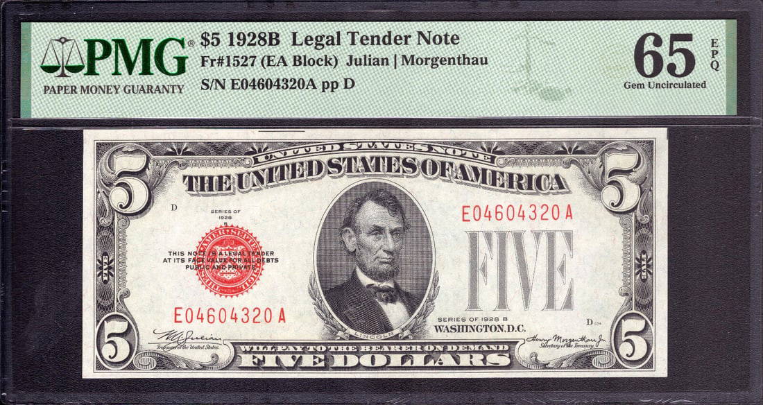 1928 B $5 Legal Tender Red Seal Note Ea Block Fr.1527 Pmg Gem Unc 65 ...