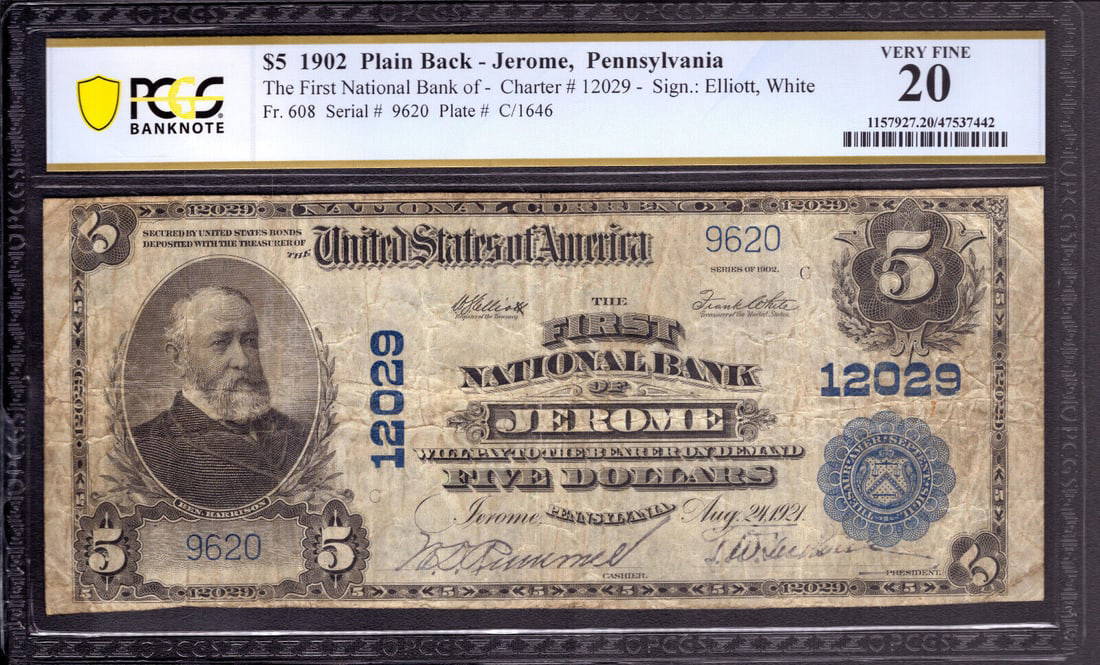 1902 $5 First National Bank Note Currency Jerome Pennsylvania Pcgs B Vf ...