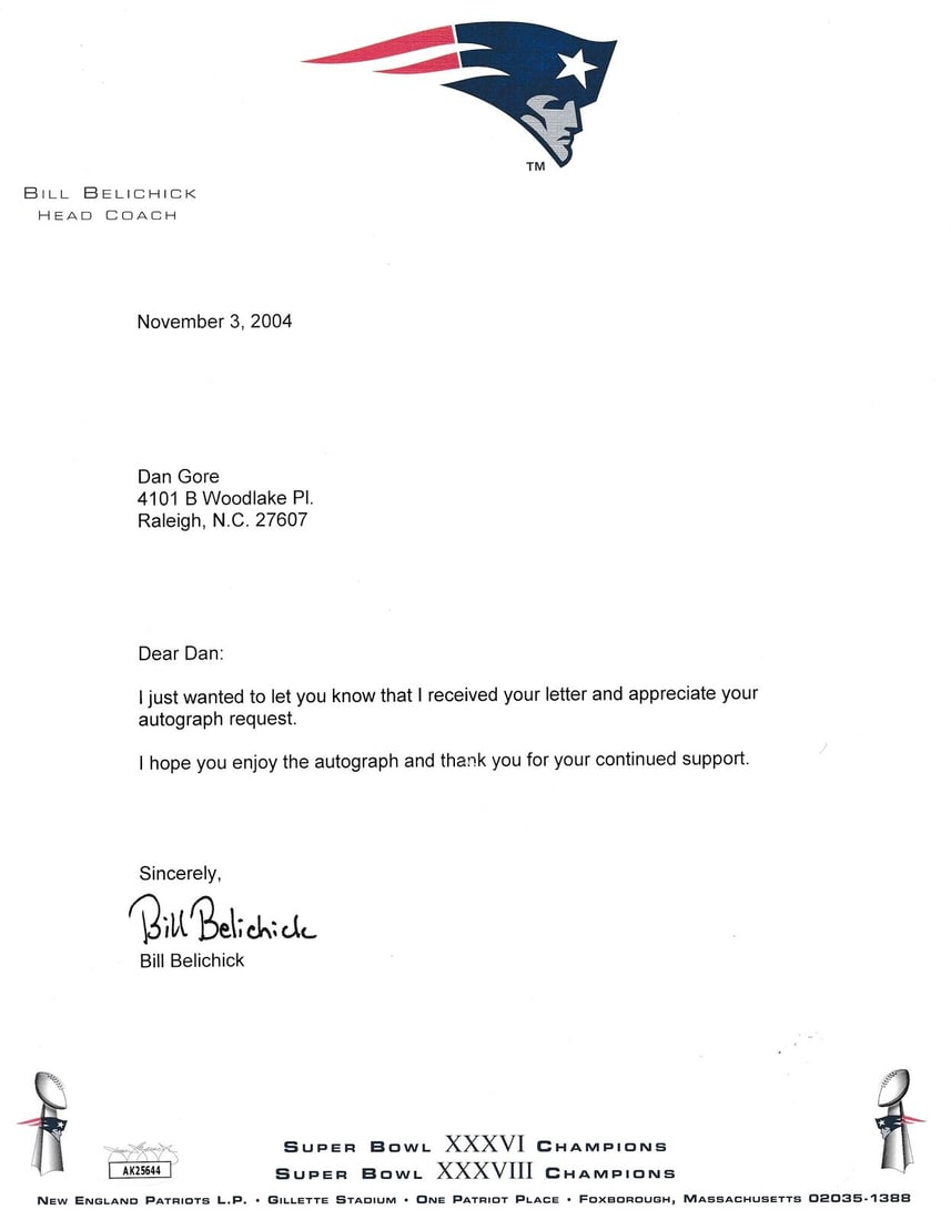 Bill Belichick Autographed Letter New England Patriots Jsa 180846 Auction